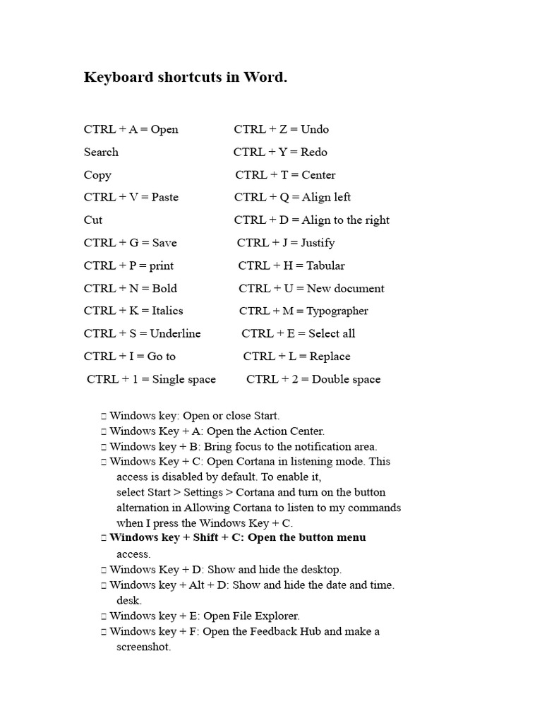 Keyboard Shortcuts in Word | PDF | Keyboard Shortcut | Control Key