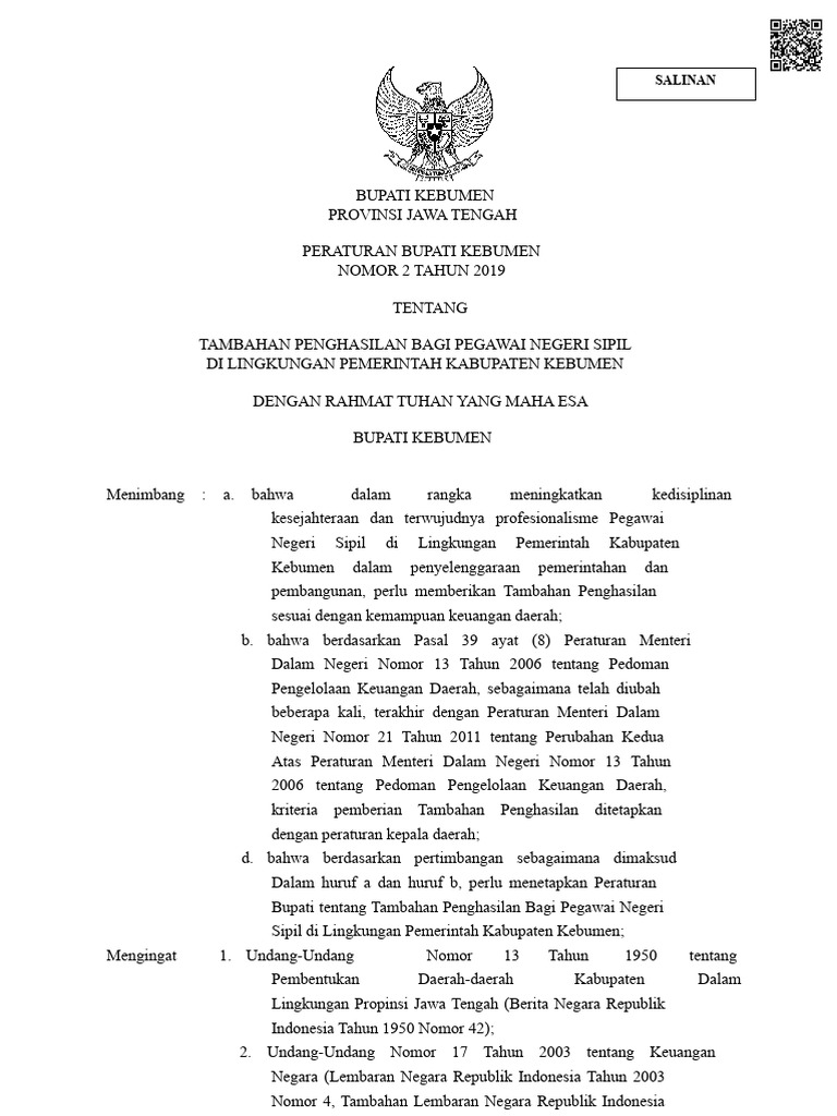 Tambahan Penghasilan PNS Kebumen 2019 | PDF