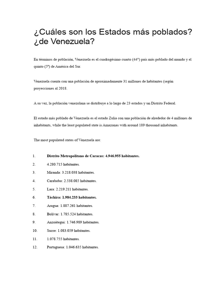 Estados más poblados de Venezuela | PDF