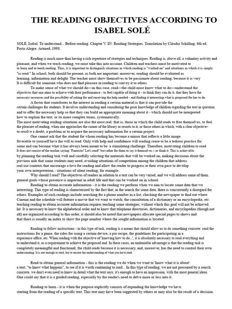 Reading Objectives by Isabel Solé | PDF | Behavioural Sciences | Psychology