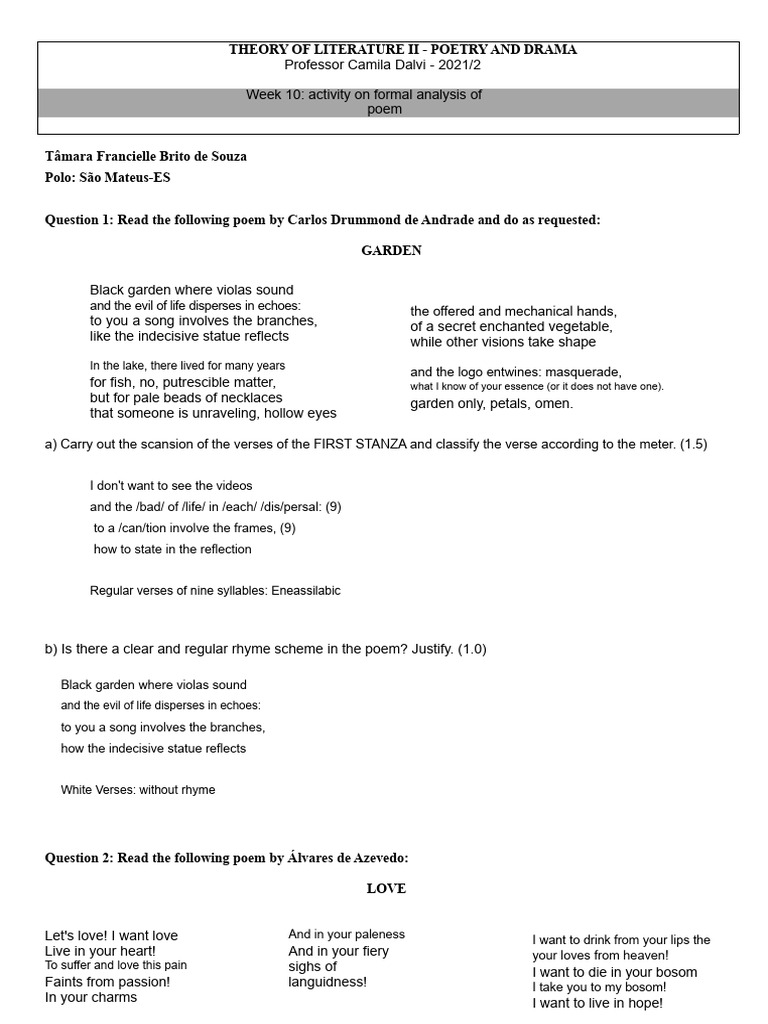 Week 10 - Scansion Exercise | PDF | Poetry | Rhyme