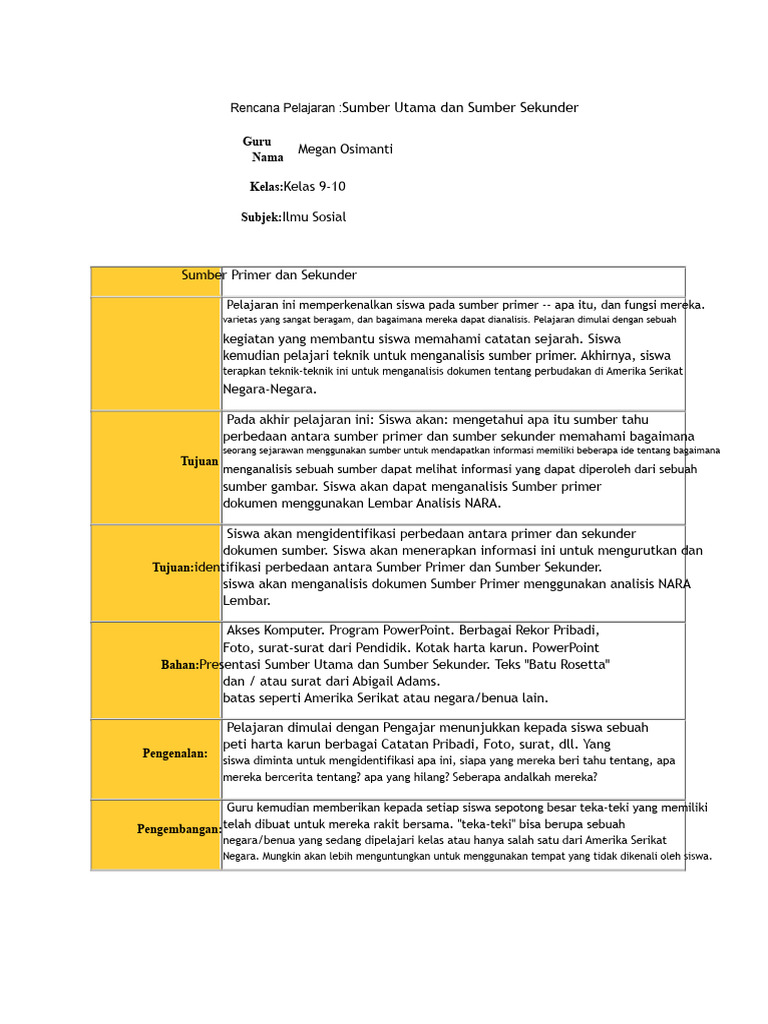 Rencana Pelajaran Sumber Primer Dan Sekunder | PDF