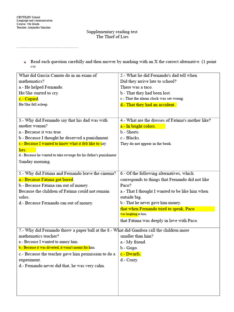 5th Grade Reading Test: The Thief of Lies | PDF