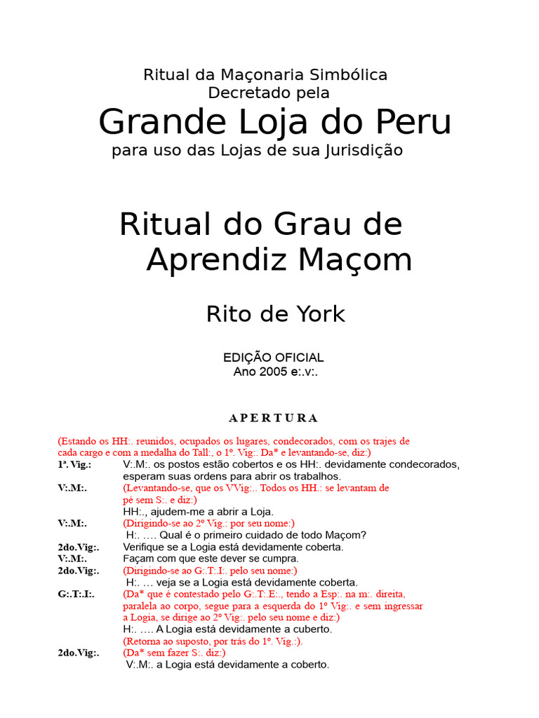 Ritual de Abertura Maçônica 2005 | PDF | Loja Maçônica | Maçonaria