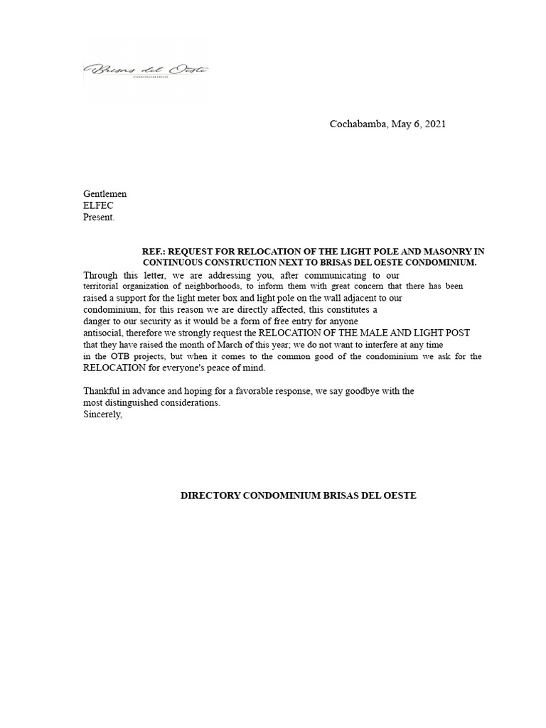 Request Letter To Elfec For The Relocation of A Transformer and Pole | PDF
