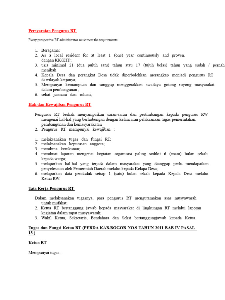 Persyaratan Pengurus RT | PDF