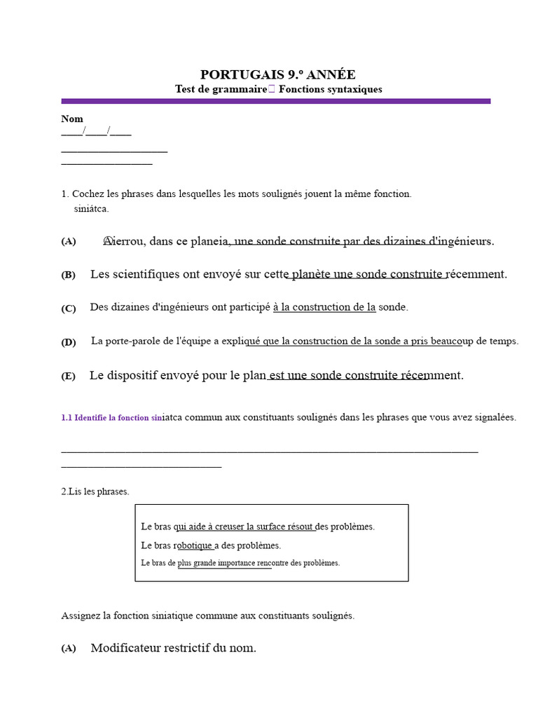 Test de grammaire : Fonctions syntaxiques | PDF | Prédicat (Grammaire ...