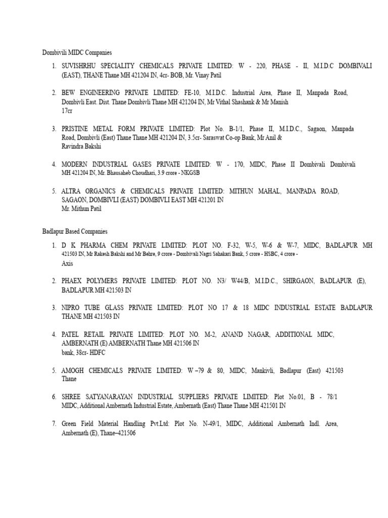 Dombivili & Badlapur MIDC Companies | PDF | Economy Of India