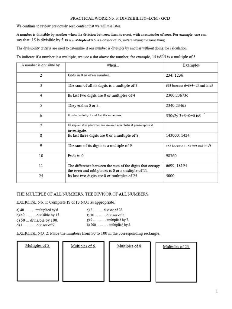 Practical Work No. 3 Divisibility LCM and GCD | PDF | Algebra | Number ...