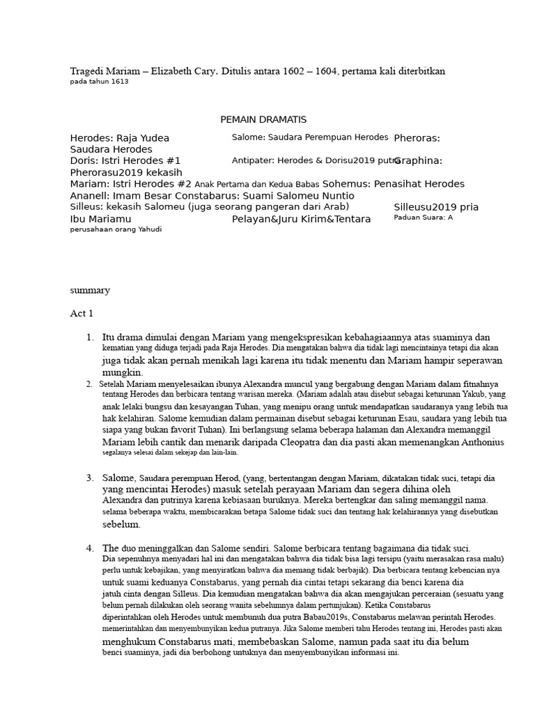 Ringkasan Tragedi Mariam Oleh Elizabeth Cary | PDF