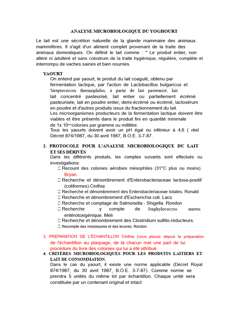 Analyse Microbiologique Du Yaourt | PDF | Yaourt | Lait