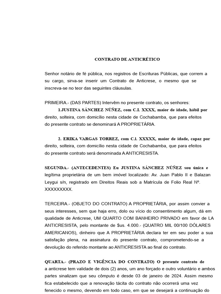Contrato de Anticrese em Cochabamba | PDF | Propriedade privada