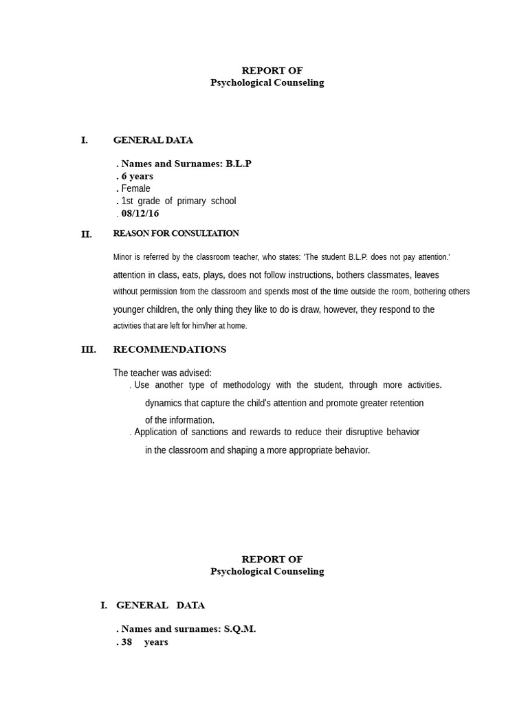 Psychological Counseling Report Summary | PDF | Psychology | Classroom