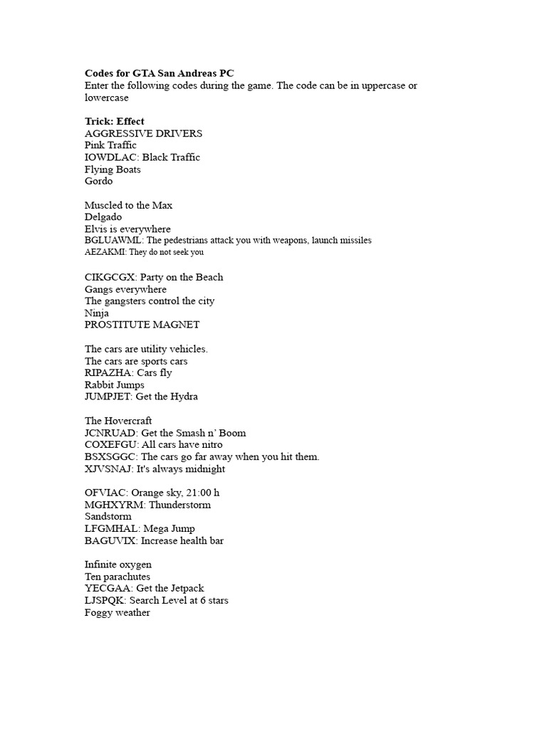 Codes For GTA San Andreas PC | PDF