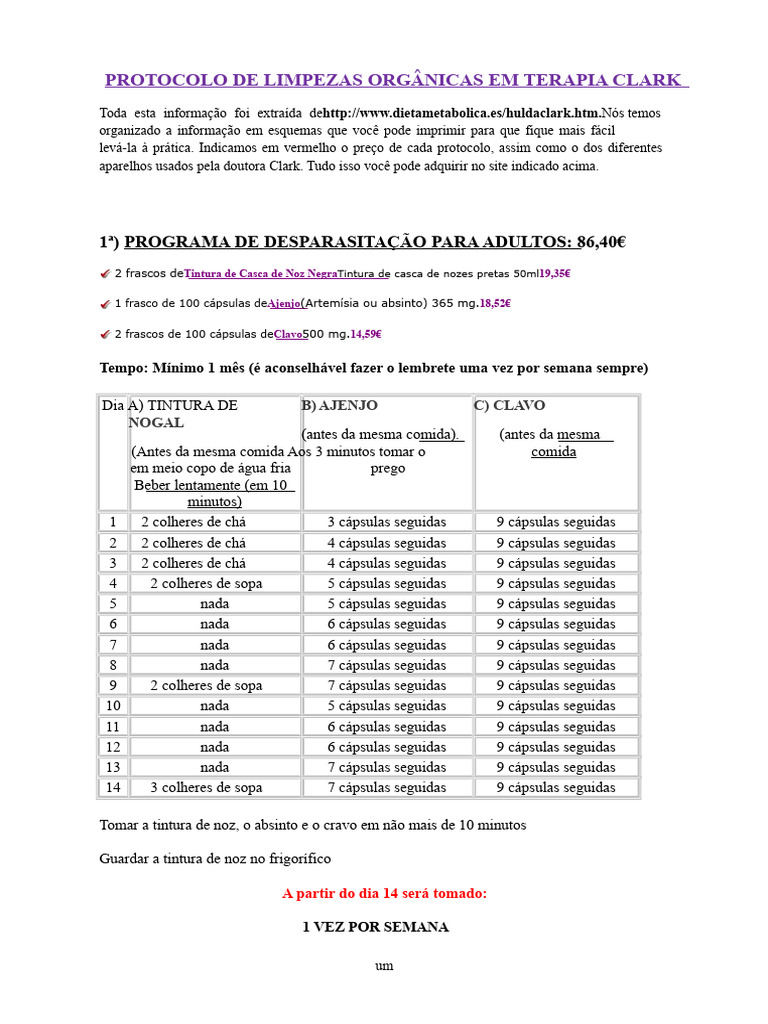 Esquema Protocolo Hulda Clark PDF | PDF | Hipotálamo | Enxofre