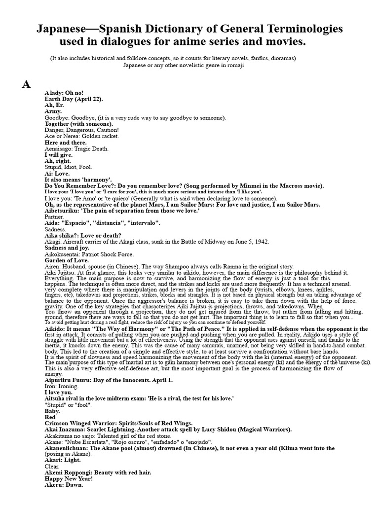 Japanese-Spanish Anime Dictionary | PDF | Aikido | Bushido