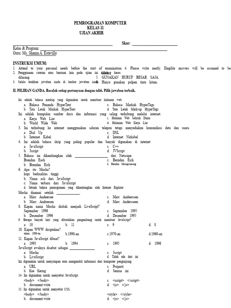 Ujian Pemrograman Komputer | PDF