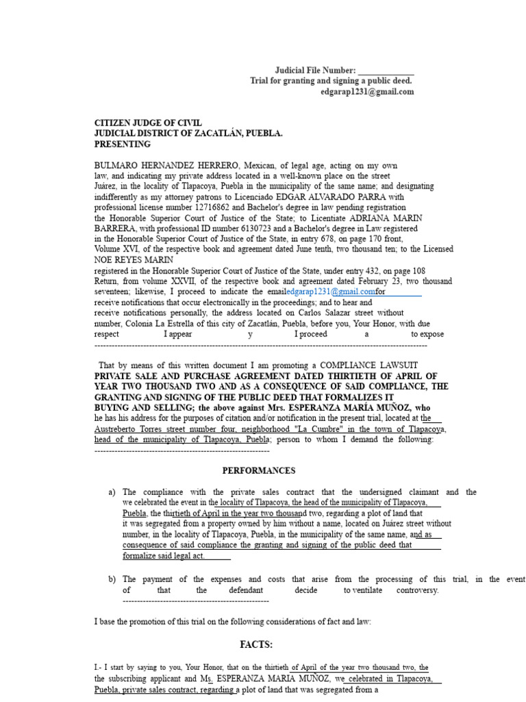 Trial For Granting and Signing of Public Deed | PDF | Lawsuit | Complaint