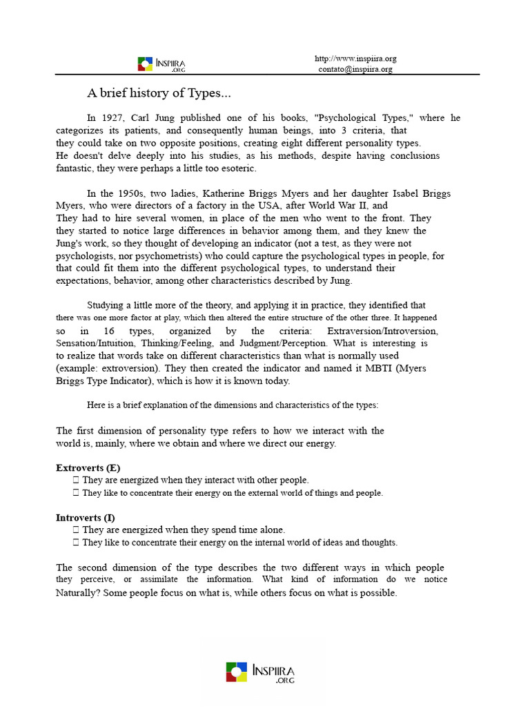 A brief history of psychological types (MBTI) | PDF | Personality Type ...