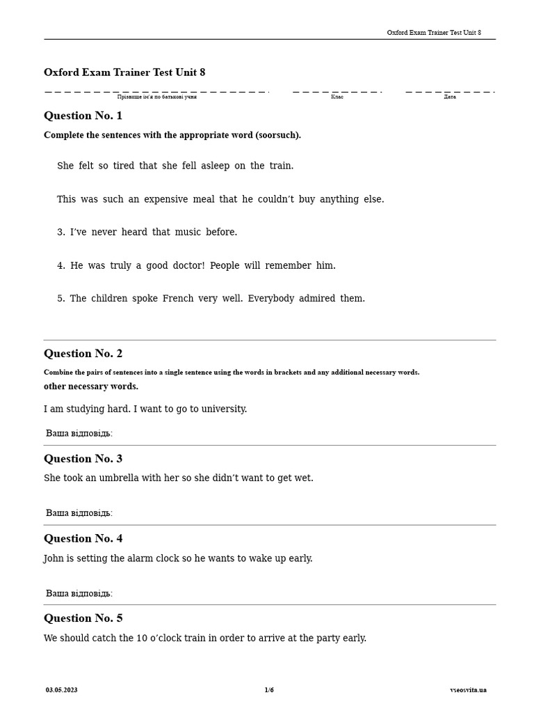 Oxford Exam Trainer Unit 8 Test | PDF | Restaurants | Inn
