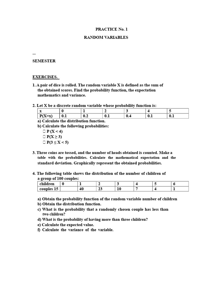 Practice No. 1 - Exercises On Discrete and Continuous Random Variables ...