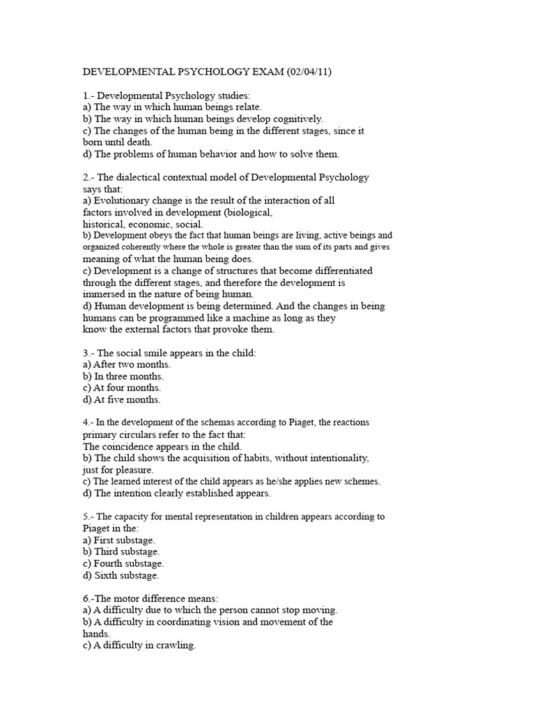 Developmental Psychology Exam | PDF | Developmental Psychology | Psychology