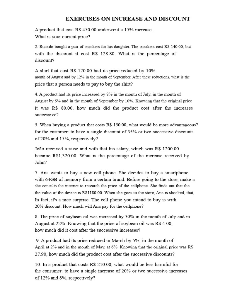 Exercises On Increase and Discount | PDF | Interest | Compound Interest
