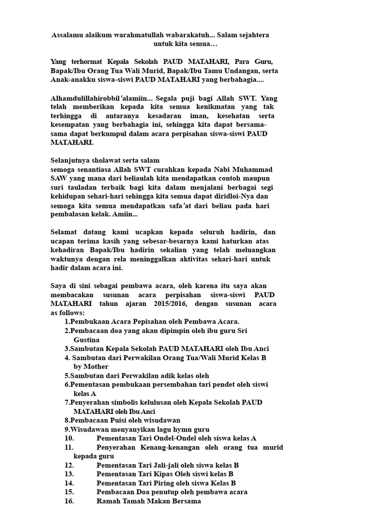 Perpisahan Siswa PAUD MATAHARI 2016 | PDF