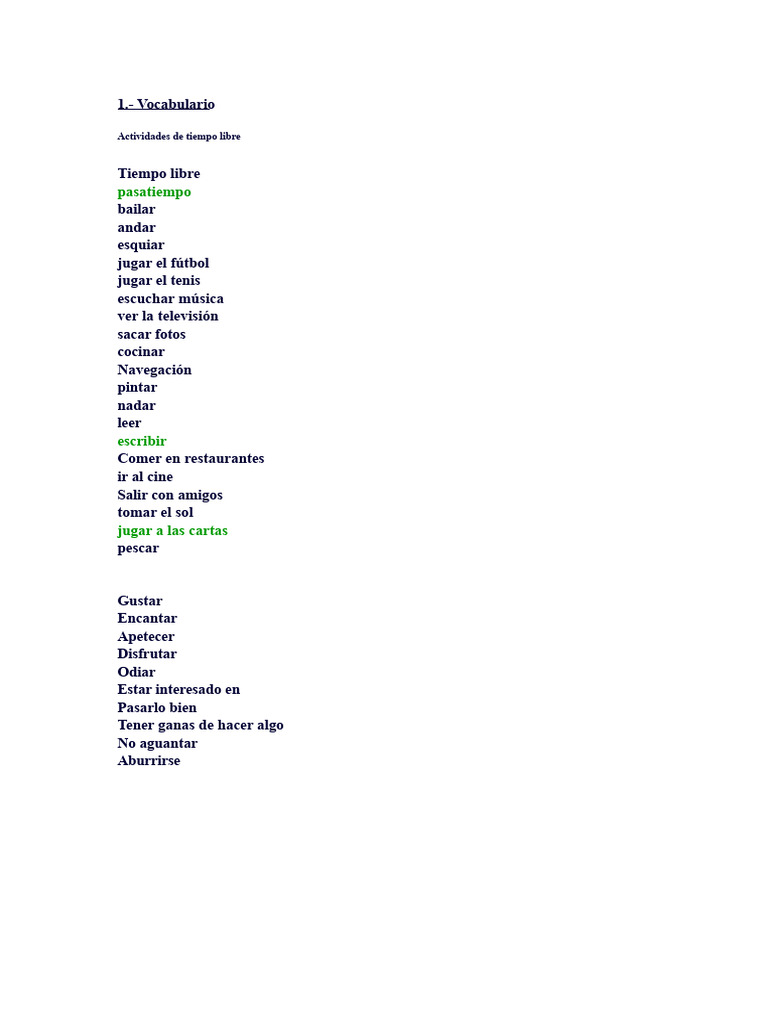 Vocabulario Actividades en El Tiempo Libre Tiempo Libre | PDF