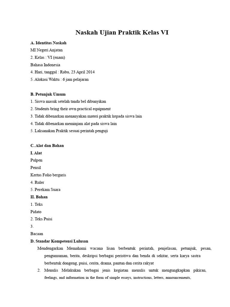 Naskah Ujian Praktik BI Kelas VI | PDF