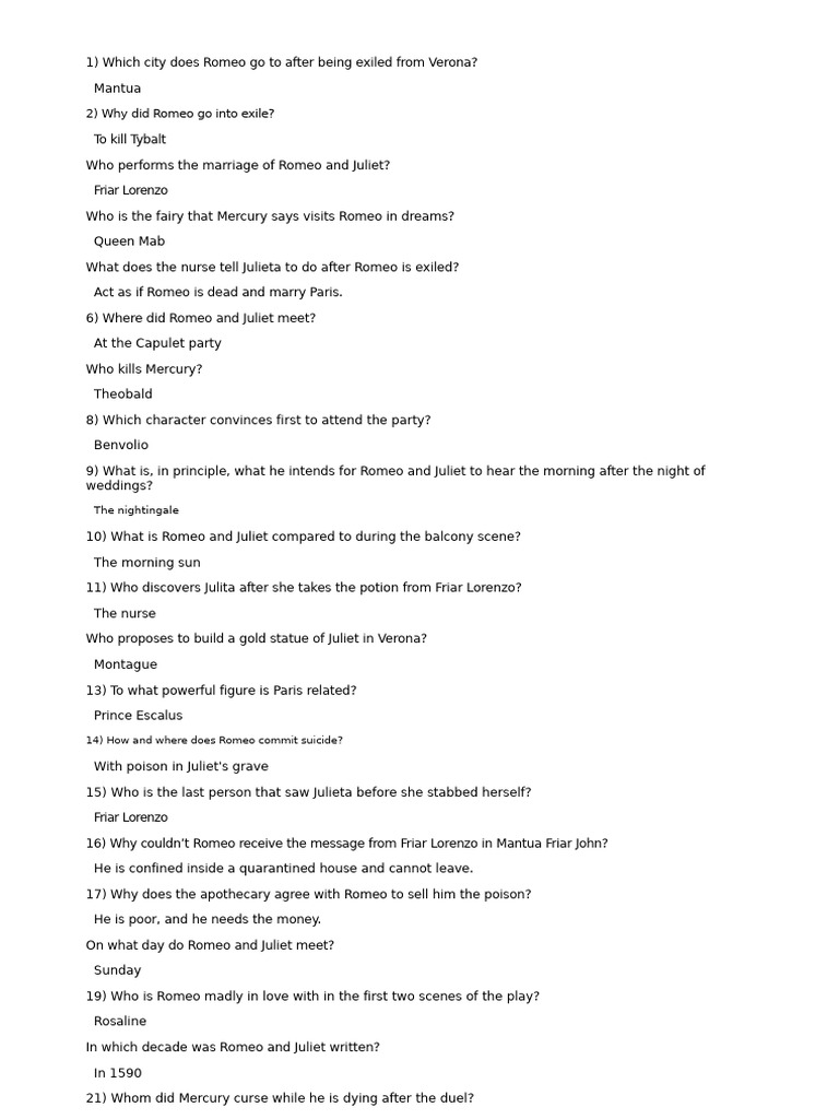 Test Romeo and Juliet With Answers. | PDF