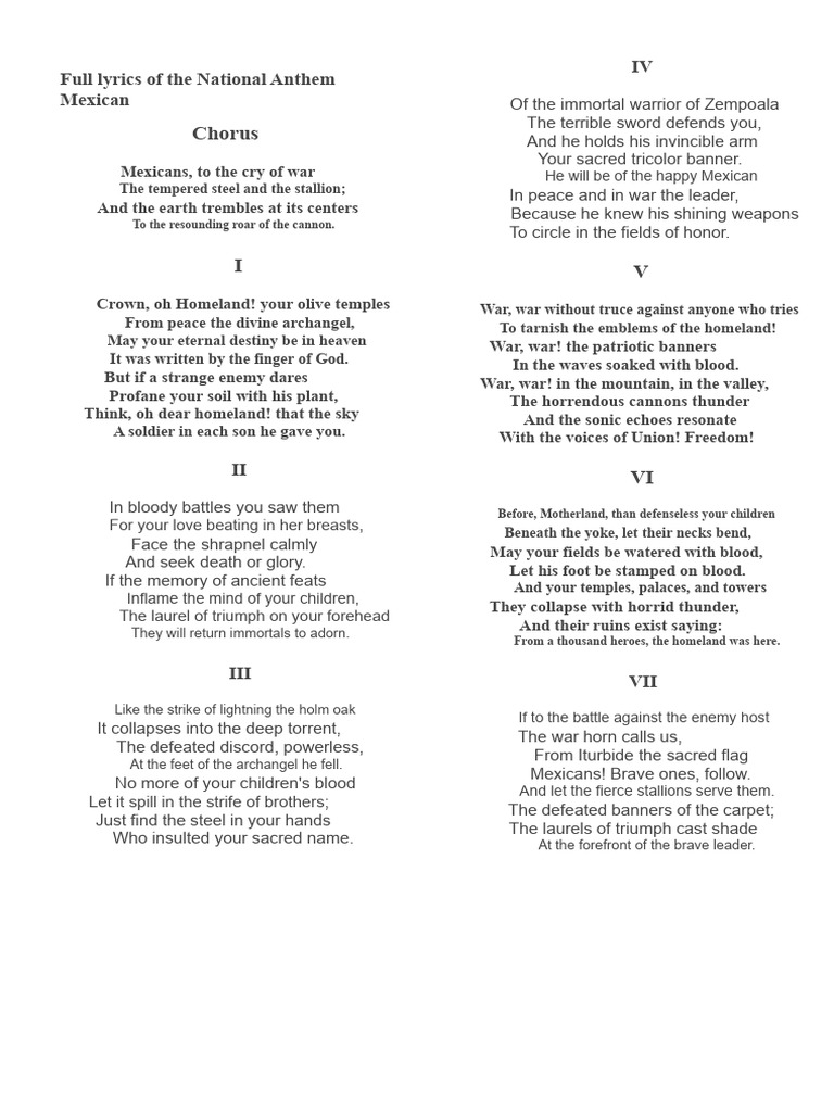Complete Lyrics of The Mexican National Anthem | PDF