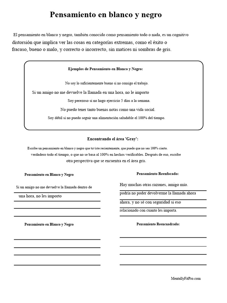 Hoja de Trabajo de Pensamiento en Blanco y Negro CBT | PDF ...