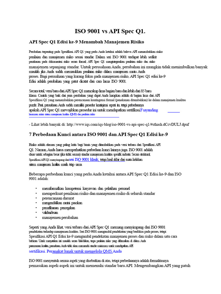 Iso 9001 Vs API Spec q1 | PDF