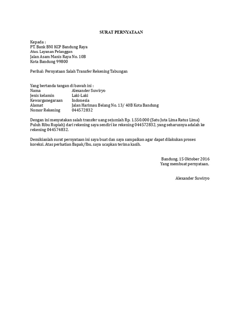 Surat Pernyataan Salah Transfer BNI | PDF