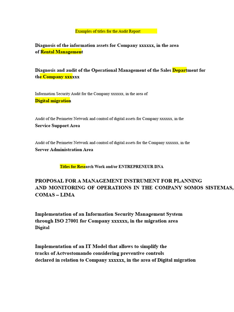 Examples of Titles For The Audit Report and Research Work | PDF