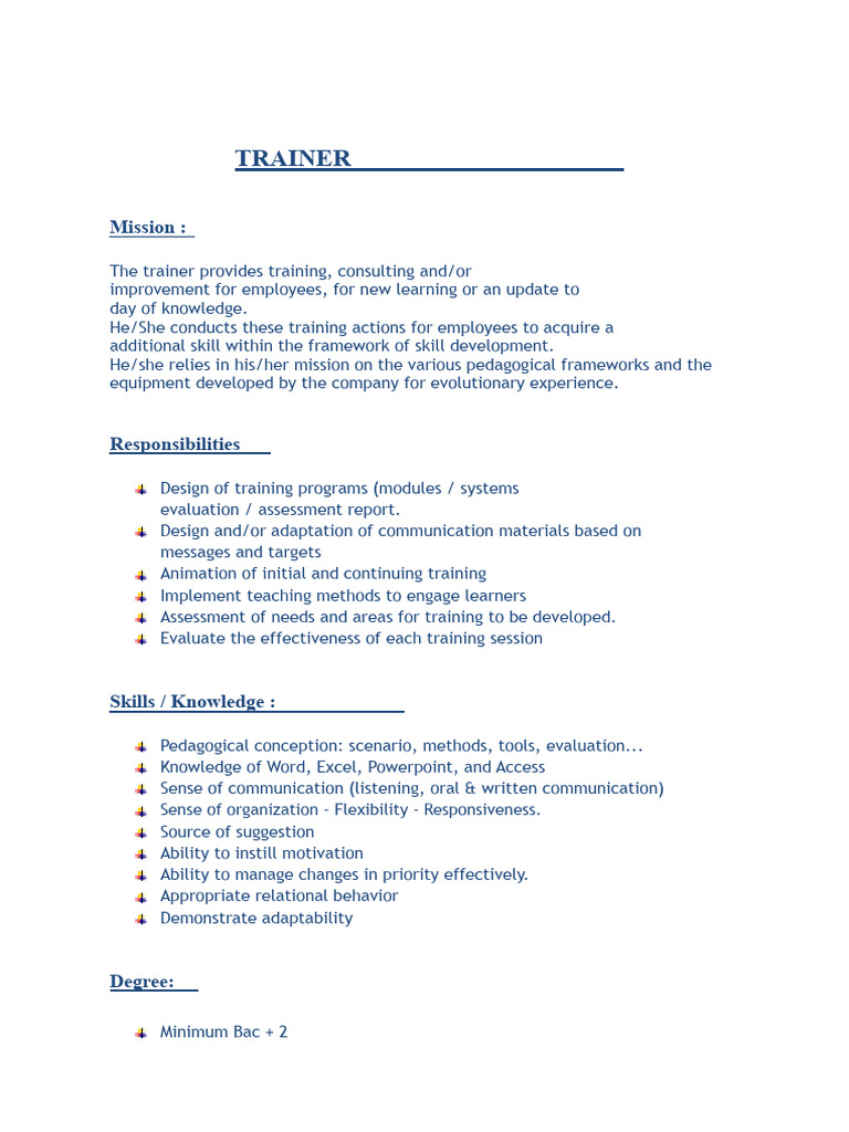 Trainer Job Description and Responsibilities | PDF