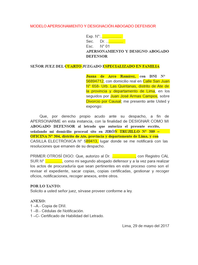 Escrito de Apersonamiento y Designación de Abogado Defensor | PDF