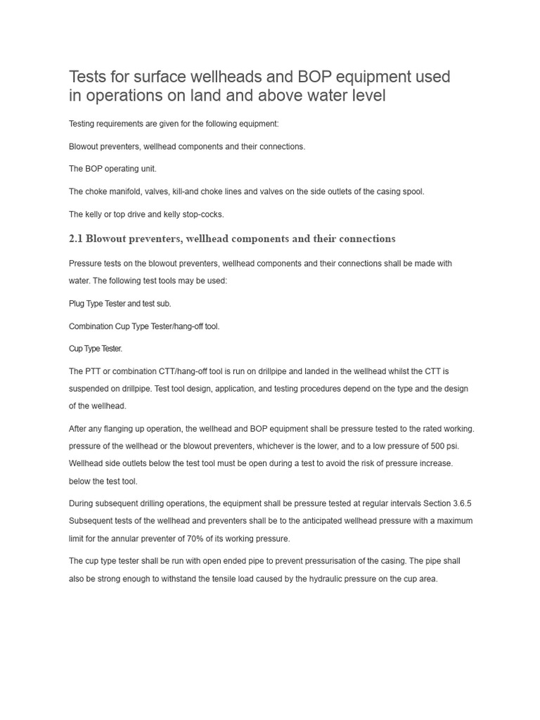 Tests For Surface Wellheads and BOP Equipment Used in Operations On ...