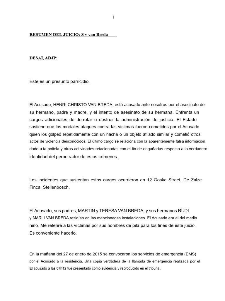 Juicio Por El Asesinato de Van Breda: Resumen Del Fallo Completo | PDF | Amnesia | Lesión ...