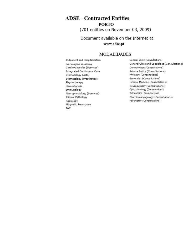 Contracted ADSE Port | PDF | Clinical Medicine | Medical Specialties