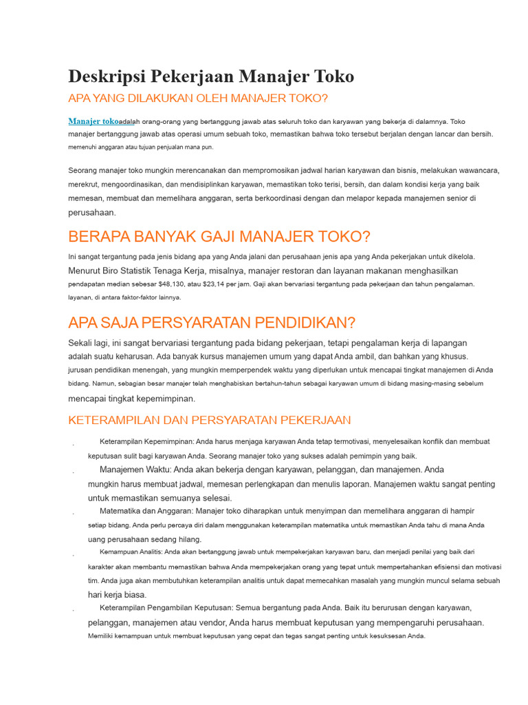 Tugas dan Tanggung Jawab Manajer Toko | PDF