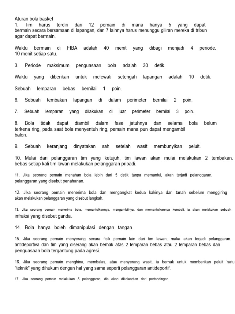 Aturan Dasar Permainan Bola Basket | PDF
