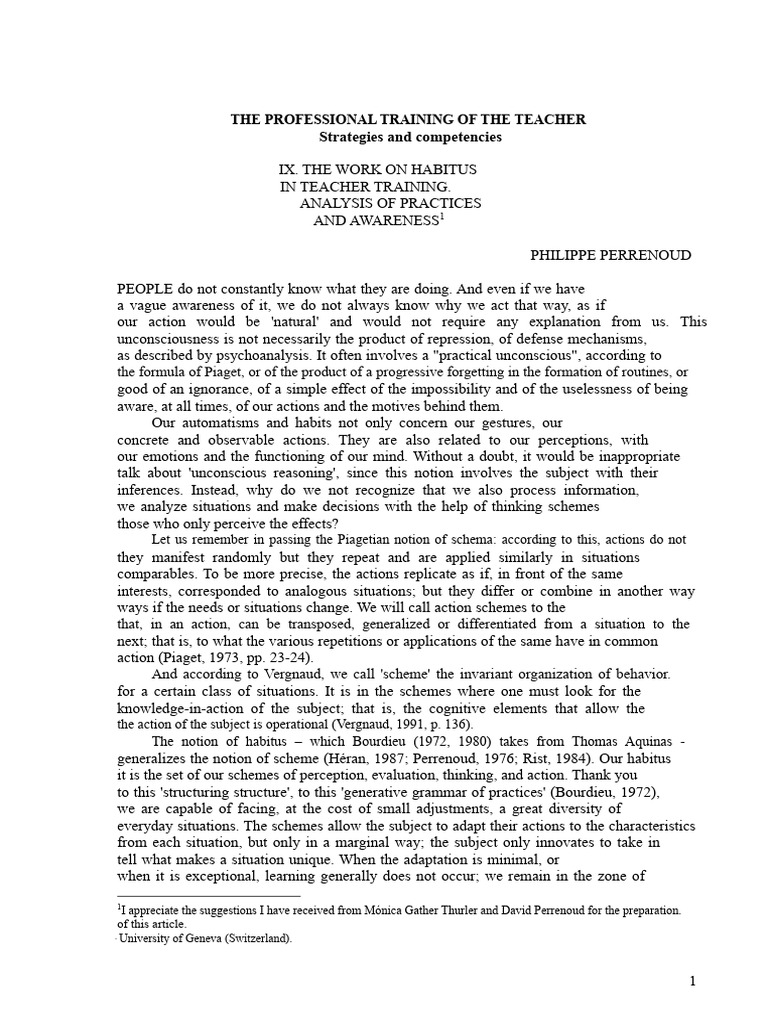 PHILIPPE PERRENOUD The Work On Habitus PDF | PDF | Knowledge | Thought