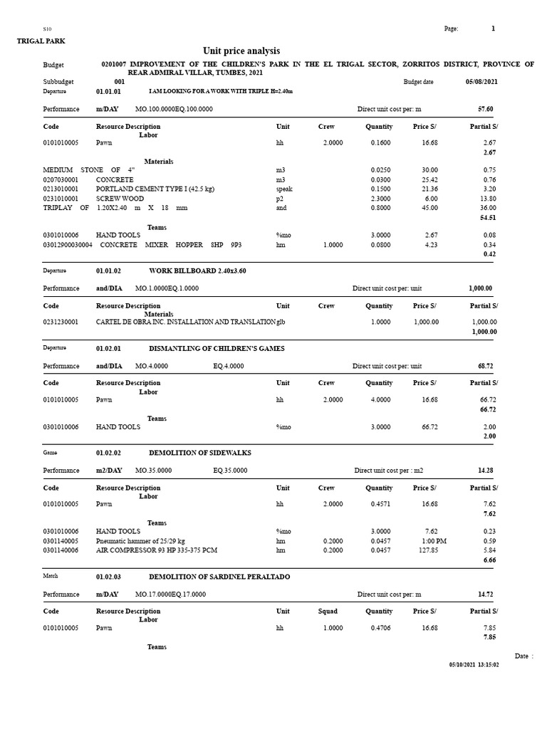 Unit Price Analysis: I Am Looking For A Work With Triple H 2.40M | PDF ...