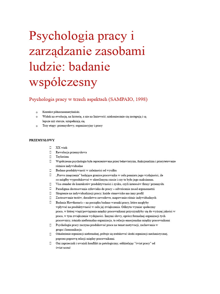 Psychologia Pracy I Zarządzanie Zasobami Ludzkimi | PDF