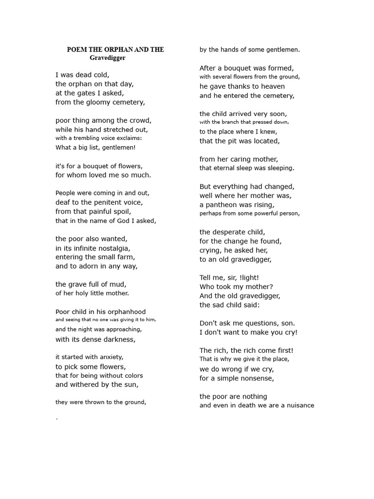 Poem The Orphan and The Gravedigger | PDF