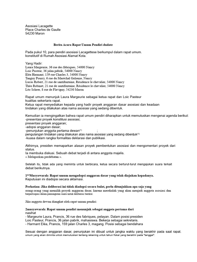 Contoh Berita Acara Rapat Pendiri Asosiasi | PDF