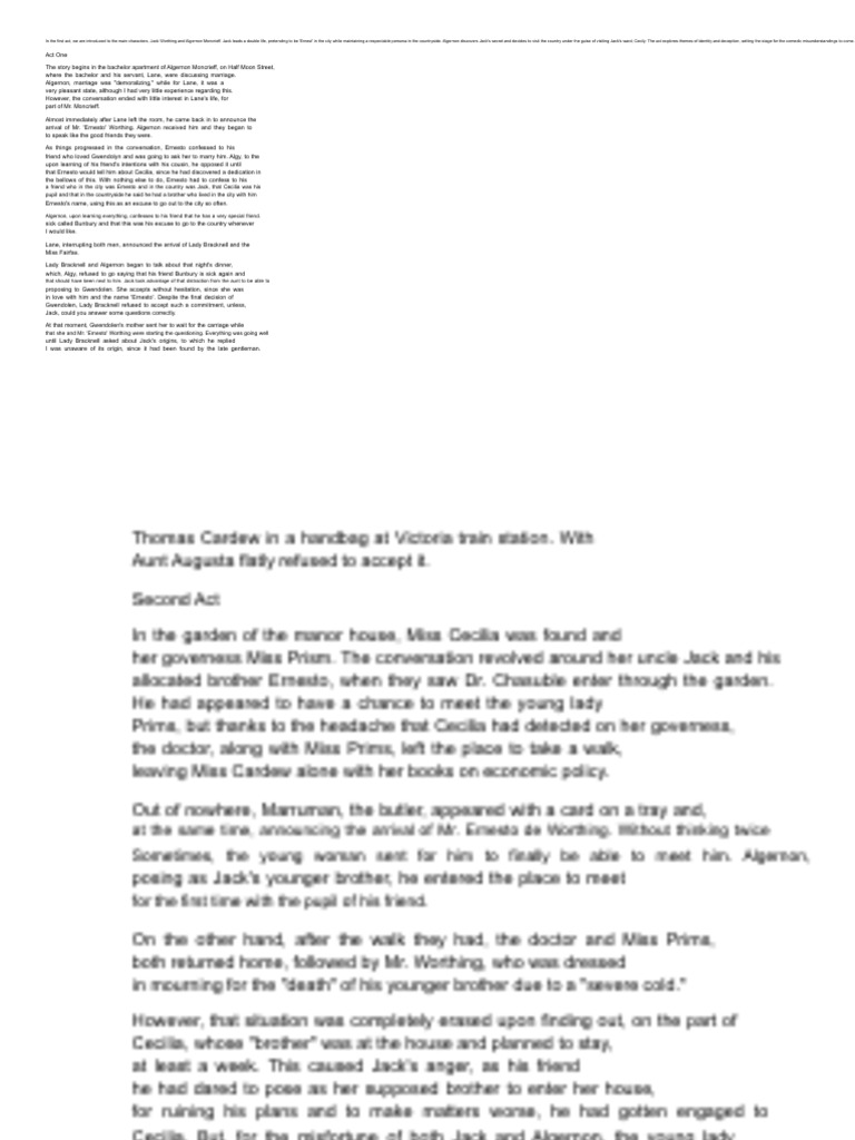 Act One Summary of "The Importance of Being Earnest" | PDF | The ...