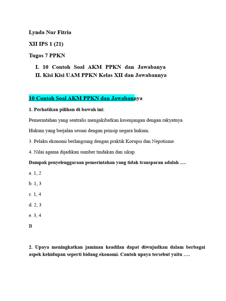 Contoh Soal dan Kisi UAM PPKN XII | PDF